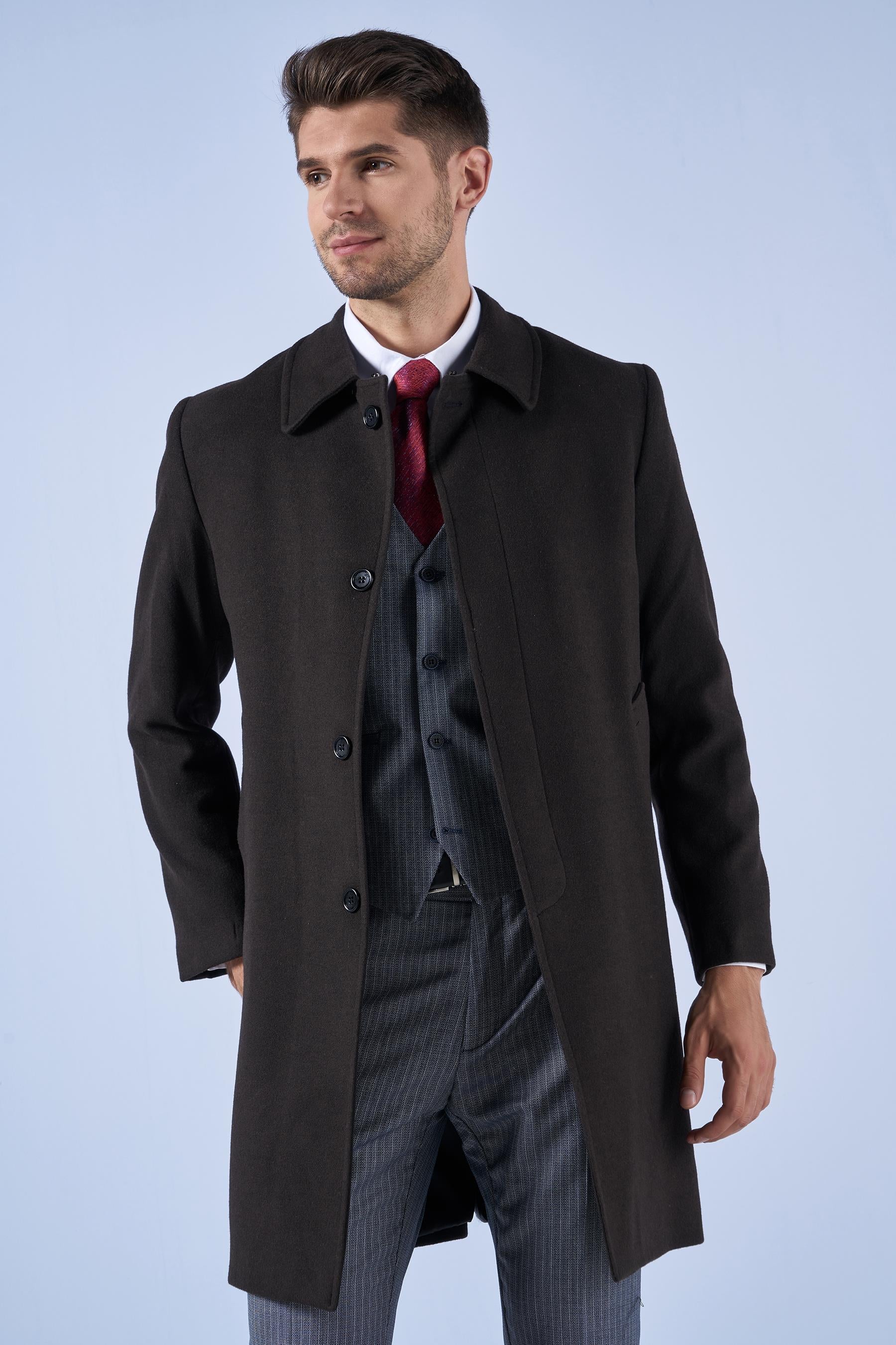 Suitmen Bebe Yaka Uzun Kaşe Kaban Kahverengi